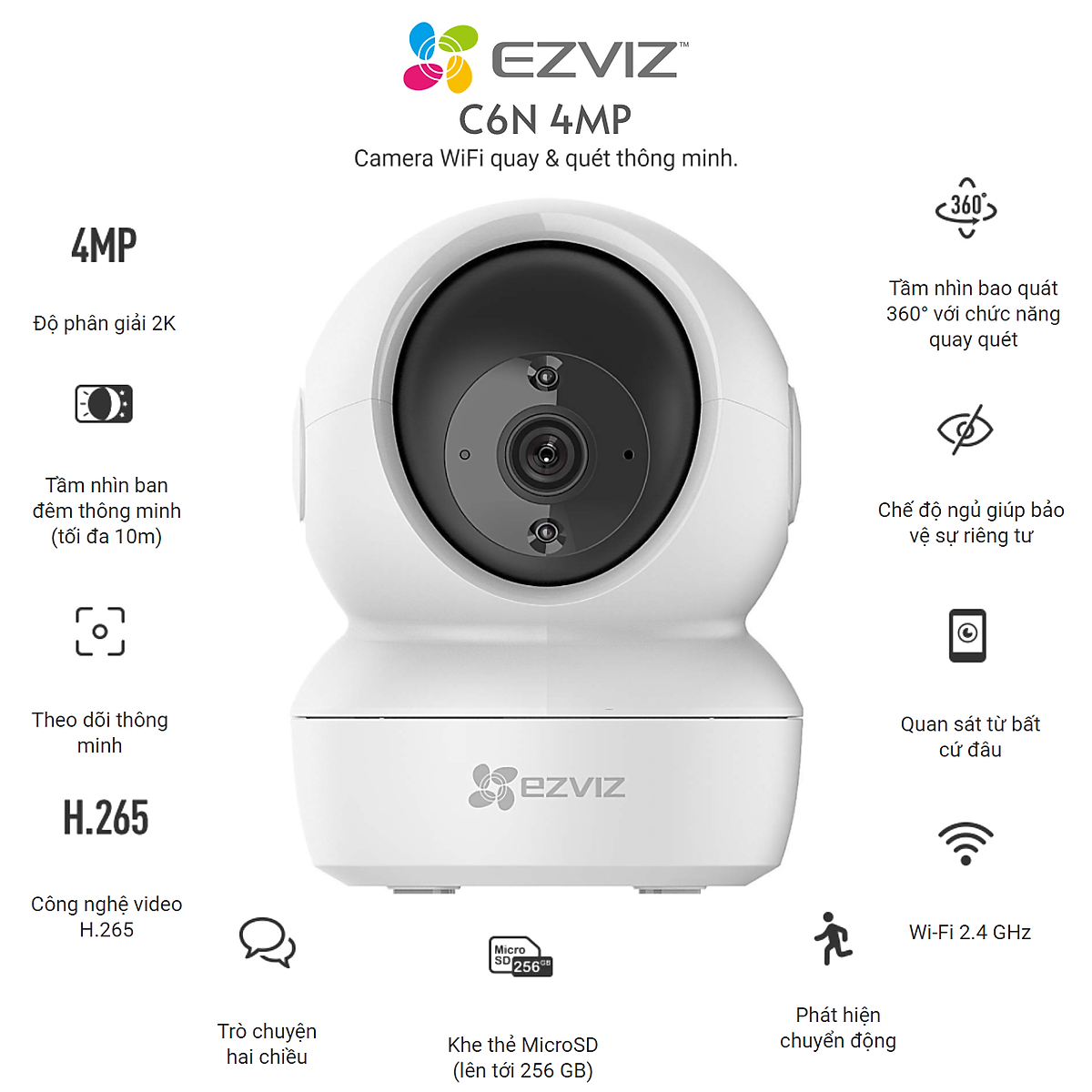 Thương hiệu: EZVIZ Camera WI-FI EZVIZ C6N 4MP Trong Nhà, Quay Quét 360 Độ, Quan Sát Ban Đêm 10m ...